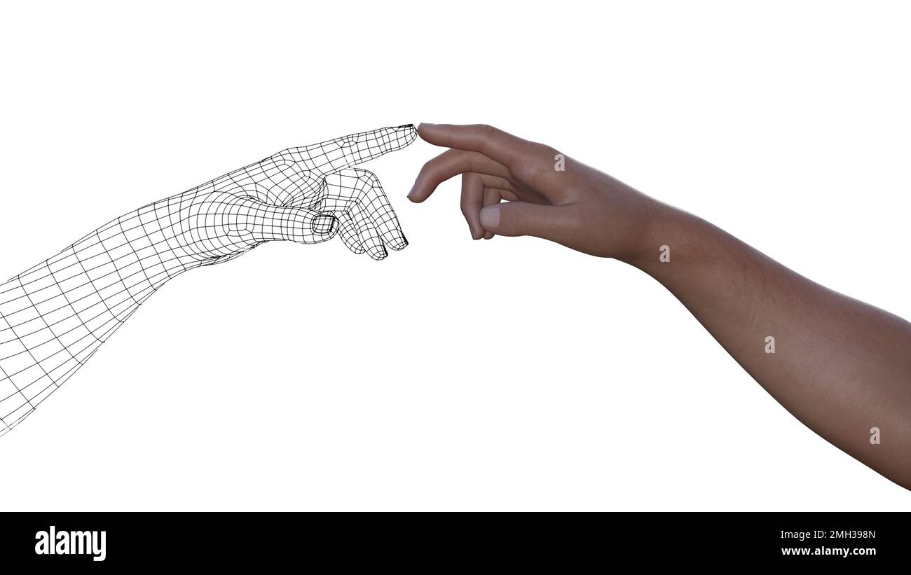man's hand and hand wireframe touching with index fingers on a white ...