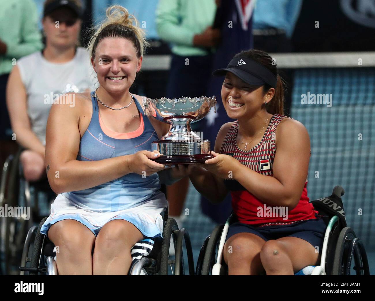 Japan's Yui Kamiji, right, and Britain's Jordanne Whiley pose with ...