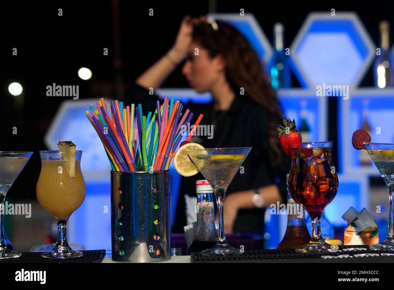 Non-alcoholic drinks are displayed at a sports bar in the Red Sea city ...