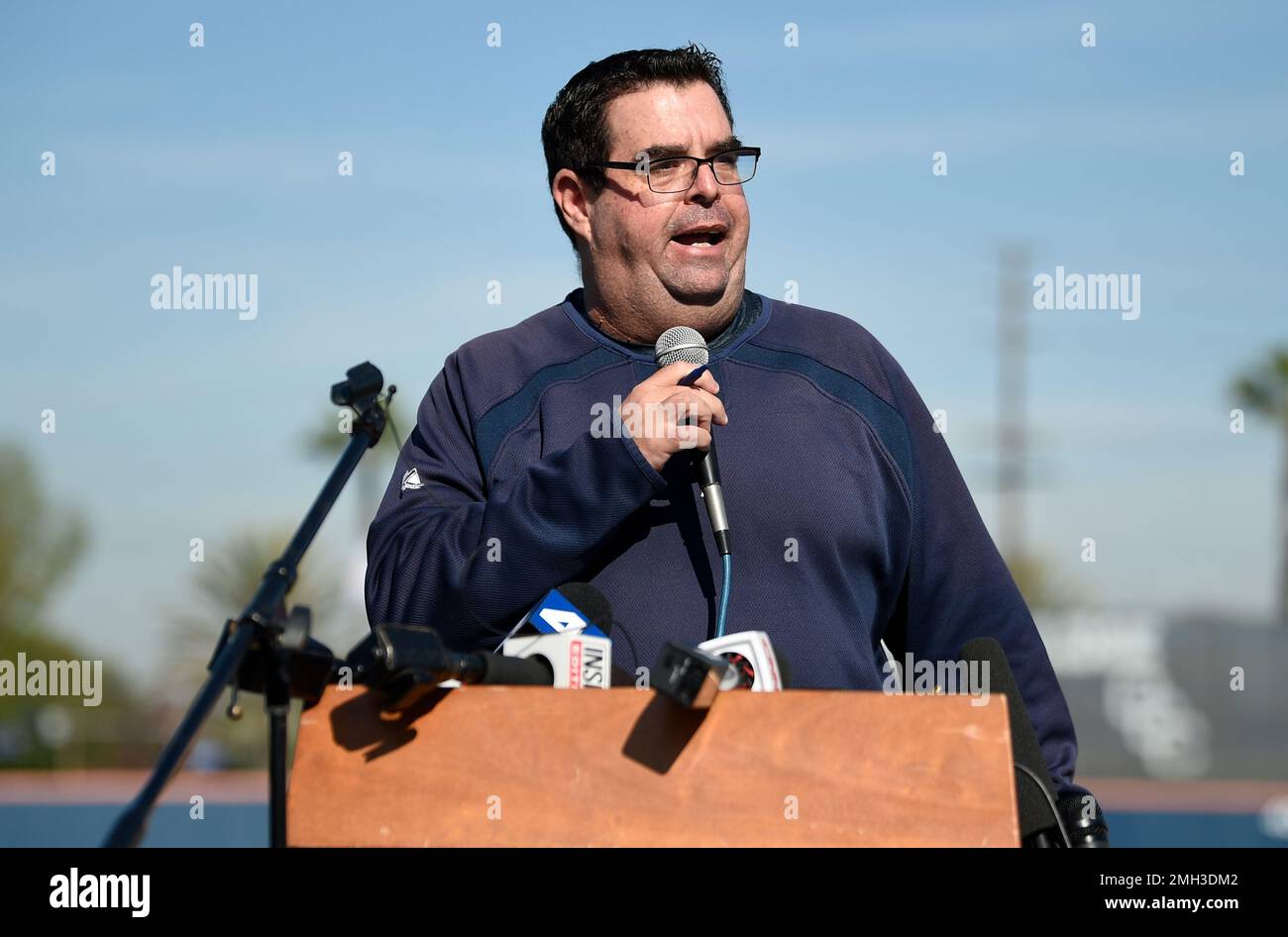 Tony Altobelli speaks during a ceremony held for his brother John Altobelli, the late head coach ...
