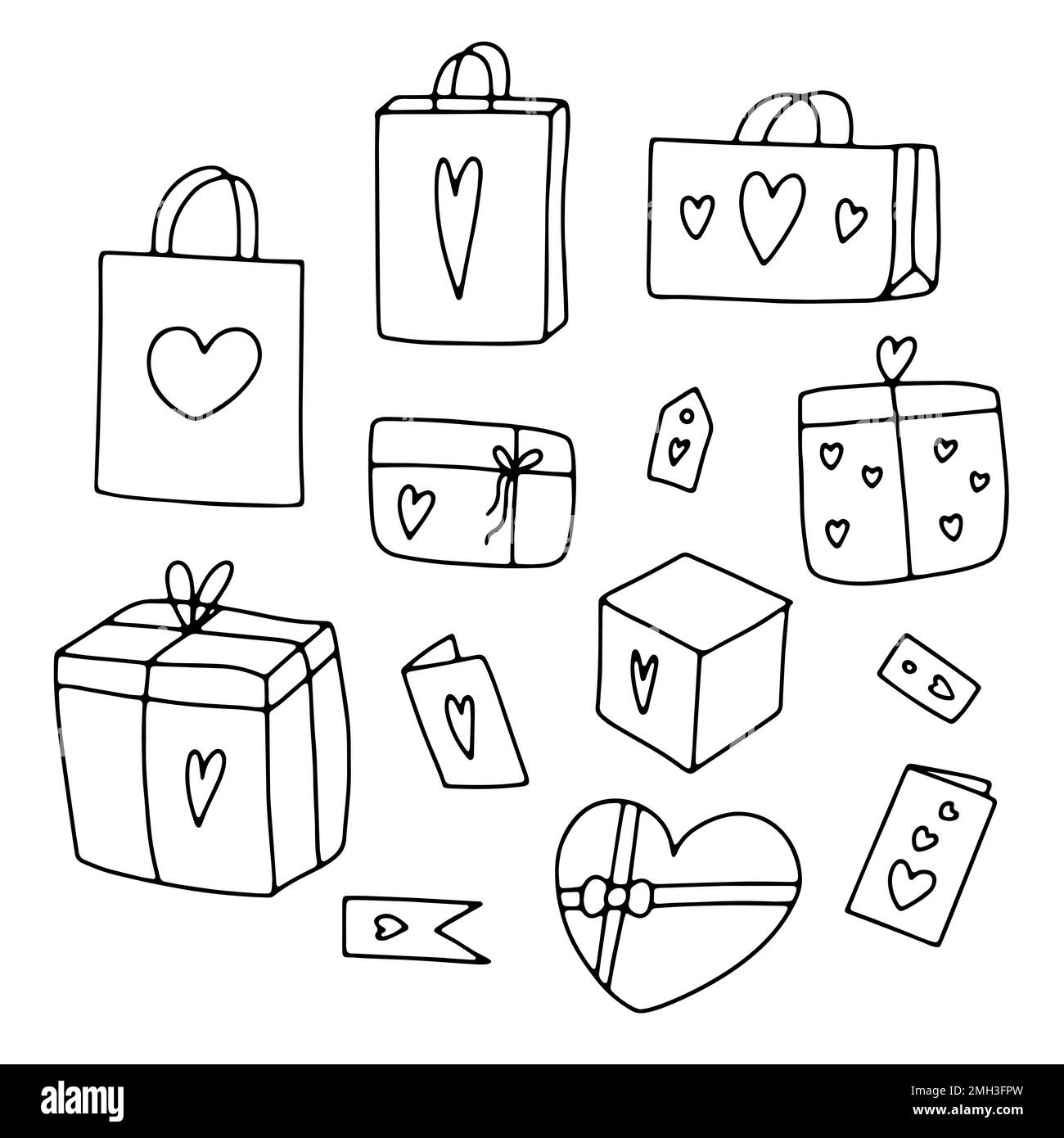 Cute doodle Gifts set. Hand-drawn presents bag, cards isolated on white ...