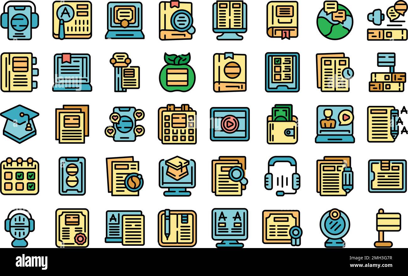 Spanish lessons icons set outline vector. Tutor book. Center class ...