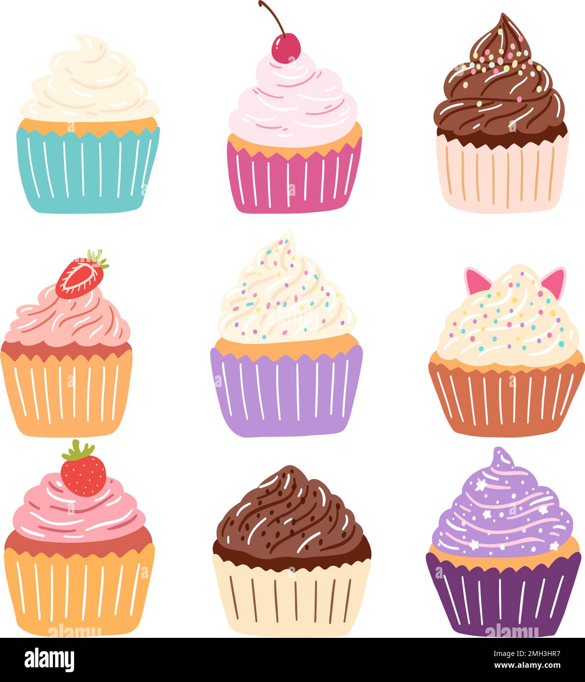 Hand drawn delicious cupcakes in cartoon style. Vector illustration of ...