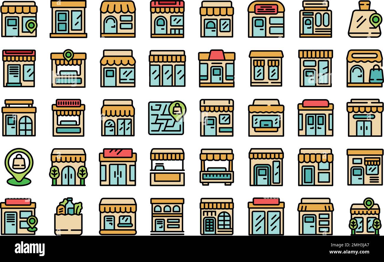 Local shop icons set outline vector. Business store. Street city color ...