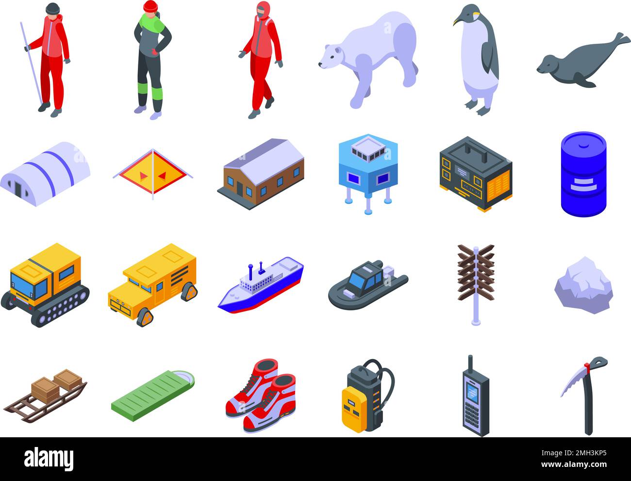 Arctic exploration icons set isometric vector. Ice pole. Polar flag ...