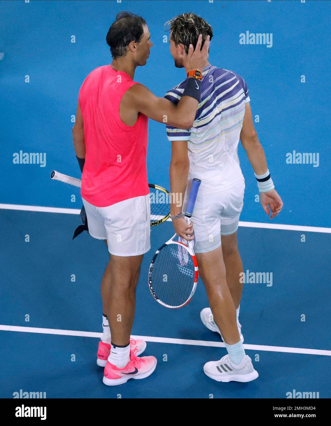 Austria's Dominic Thiem, right, is congratulated by Spain's Rafael ...