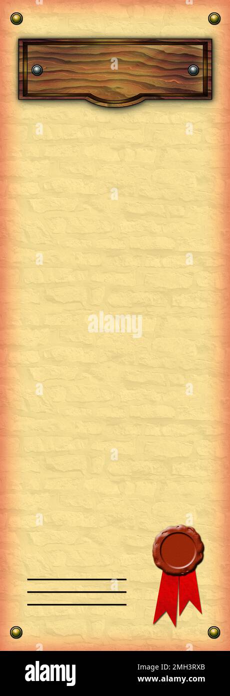 Diploma or Certificate on old paper scroll with wooden template and wax ...