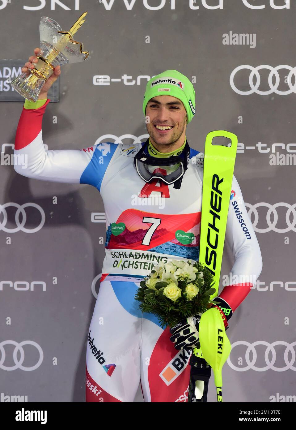 Switzerland's Daniel Yule celebrates his third place in a alpine ski ...