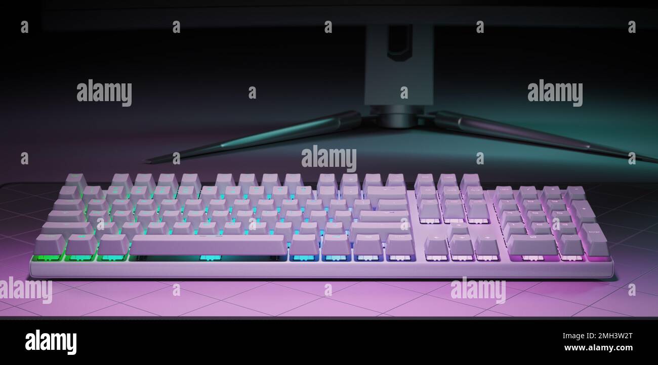 Computer Gaming PC keyboard neon light Futuristic modern workplace 3d ...