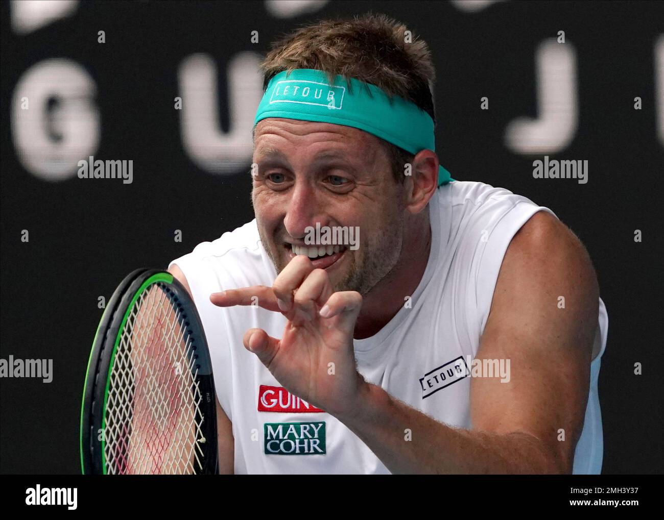 Tennys Sandgren of the U.S. reacts after losing a point to Switzerland ...