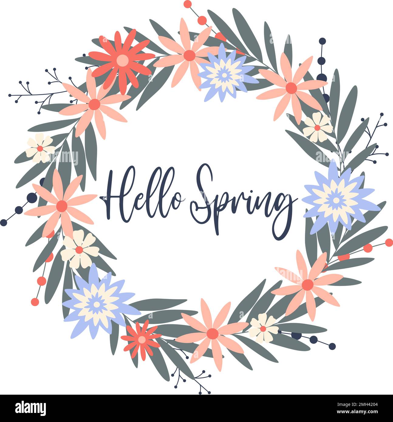 Hello spring wreath. Card with herbal flowers. Floral frame with quote ...