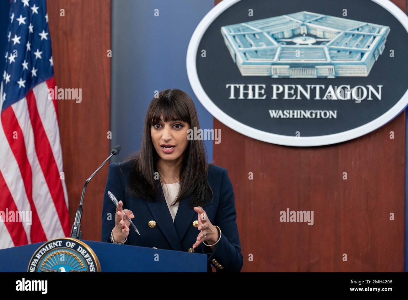 Pentagon spokeswoman Sabrina Singh speaks during a media briefing at ...