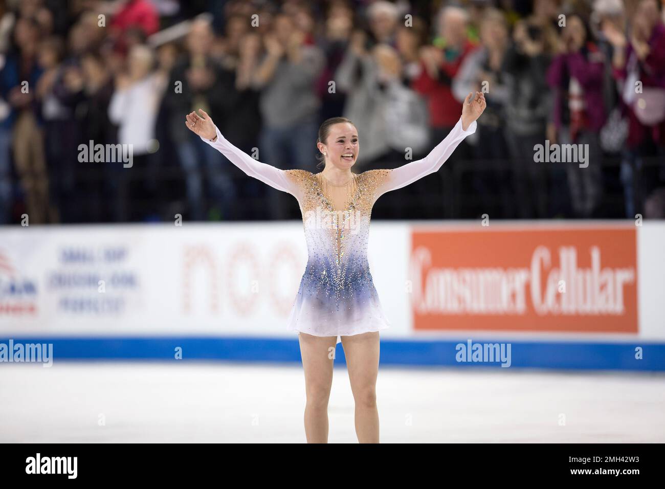 Mariah Bell reacts after her senior women's free skate program at the U ...