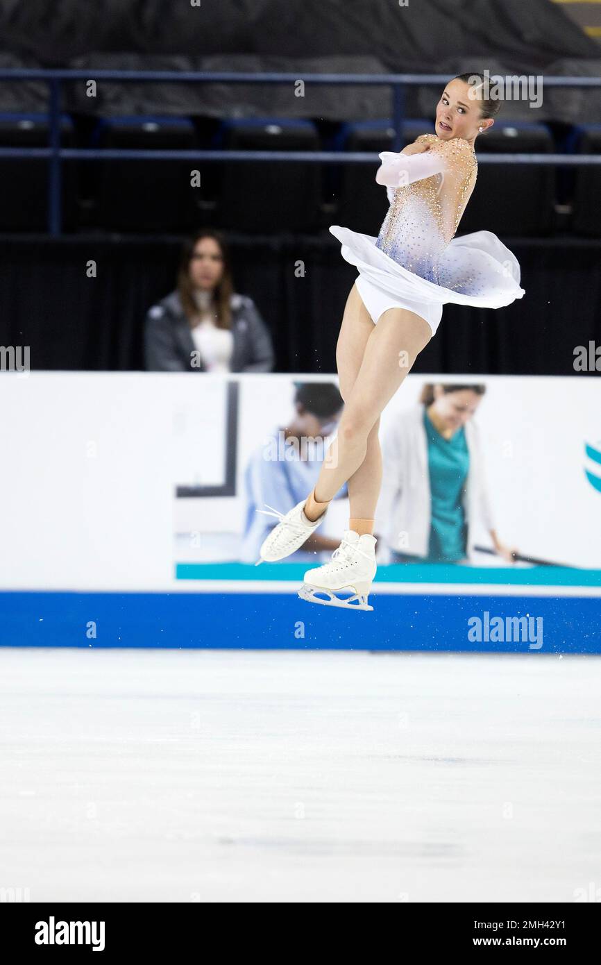 Mariah Bell reacts during her senior ladies free skate program at the U ...