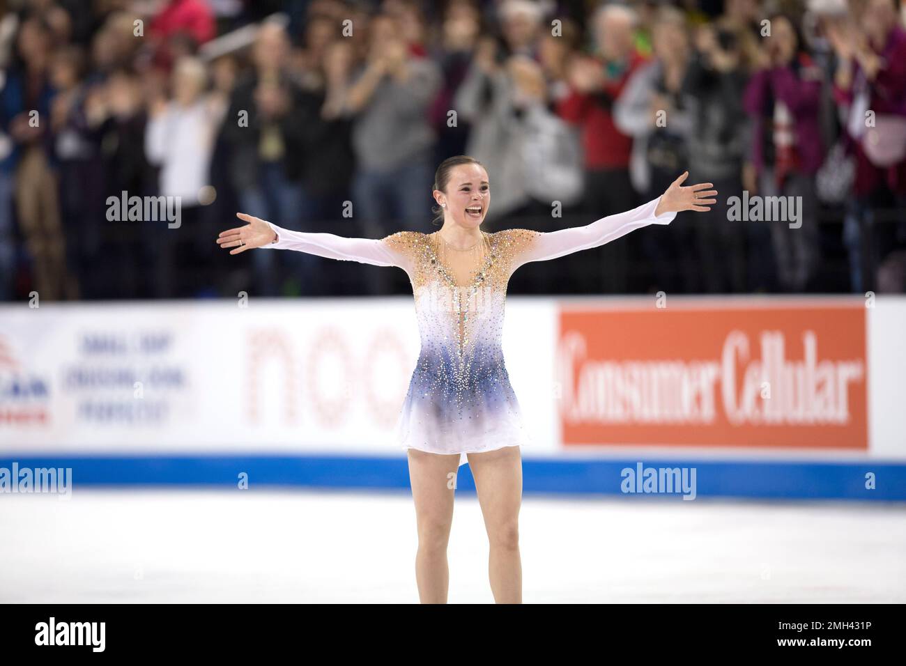 Mariah Bell reacts after her senior women's free skate program at the U ...