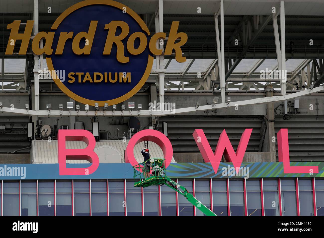 A worker strings wire outside of the Hard Rock Stadium Monday, Jan. 27 ...