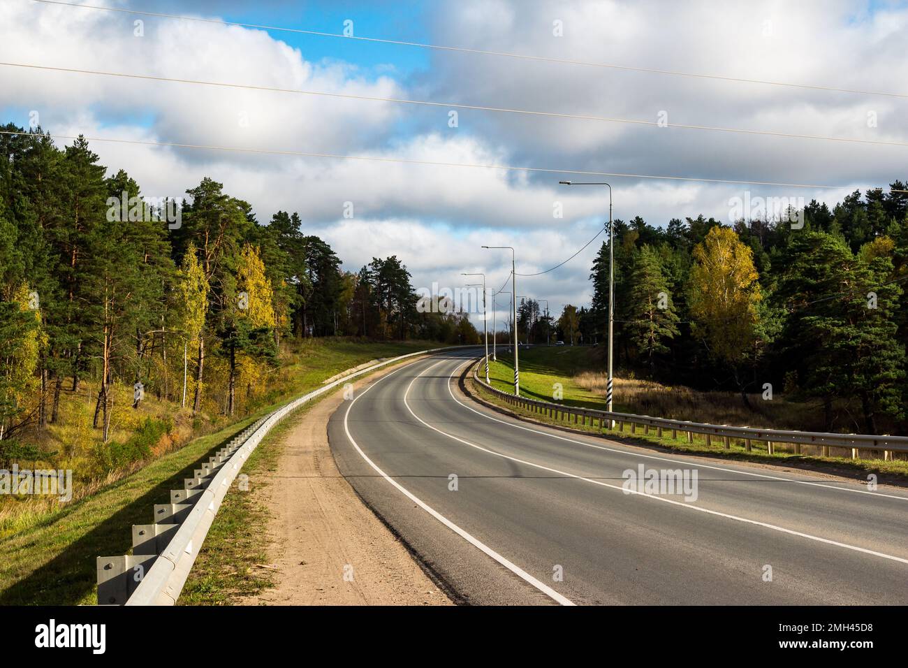 Smooth curve of a turning empty car road surrounded by pines landscape ...
