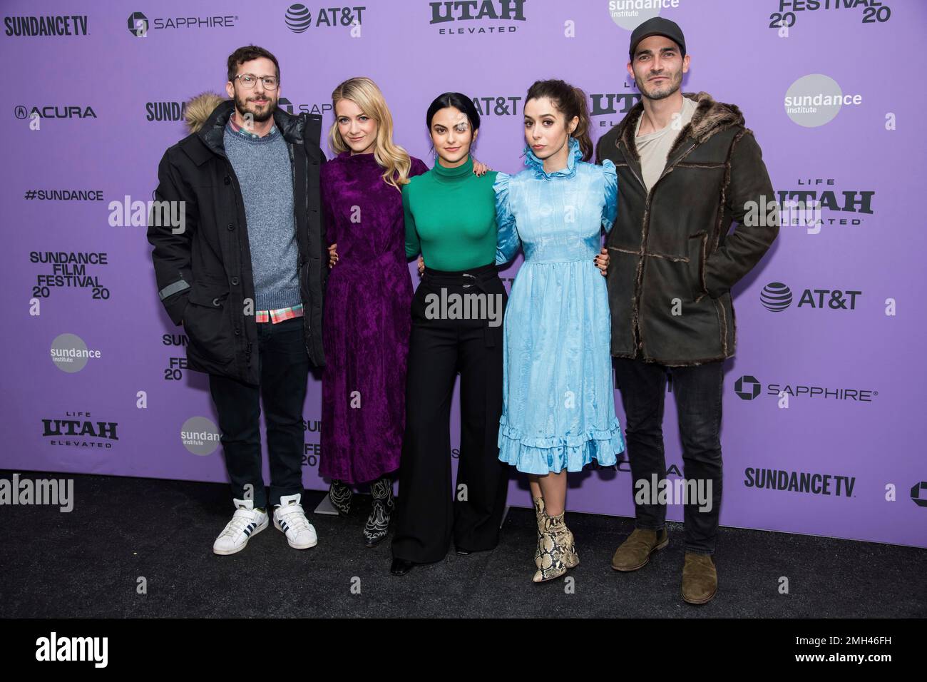Andy Samberg, left, Meredith Hagner, Camila Mendes, Cristin Milioti and ...