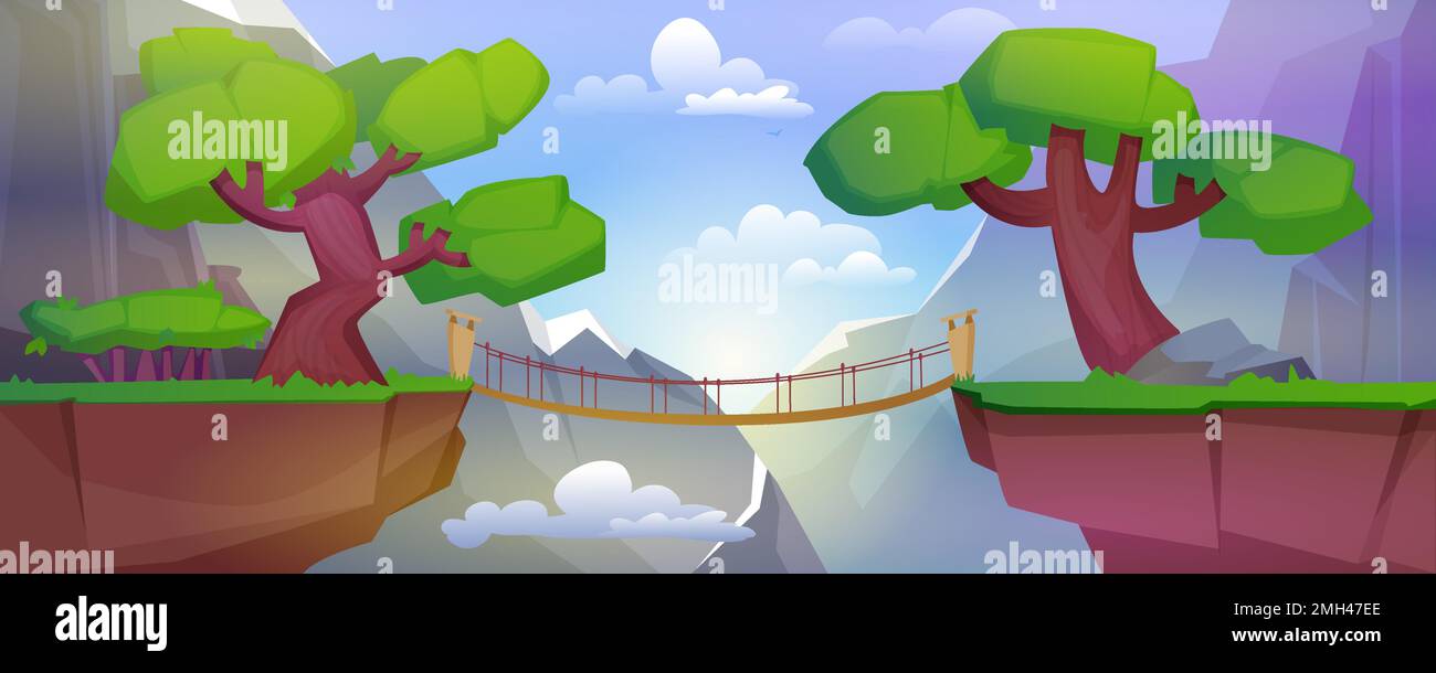 Summer landscape with mountains, plants, clouds and suspension bridge ...
