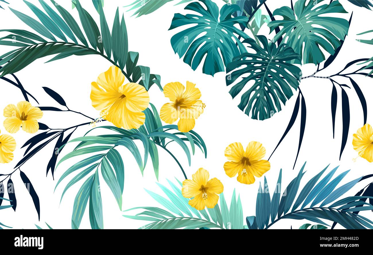 Tropical pattern with green monstera leaves and hibiscus flowers ...