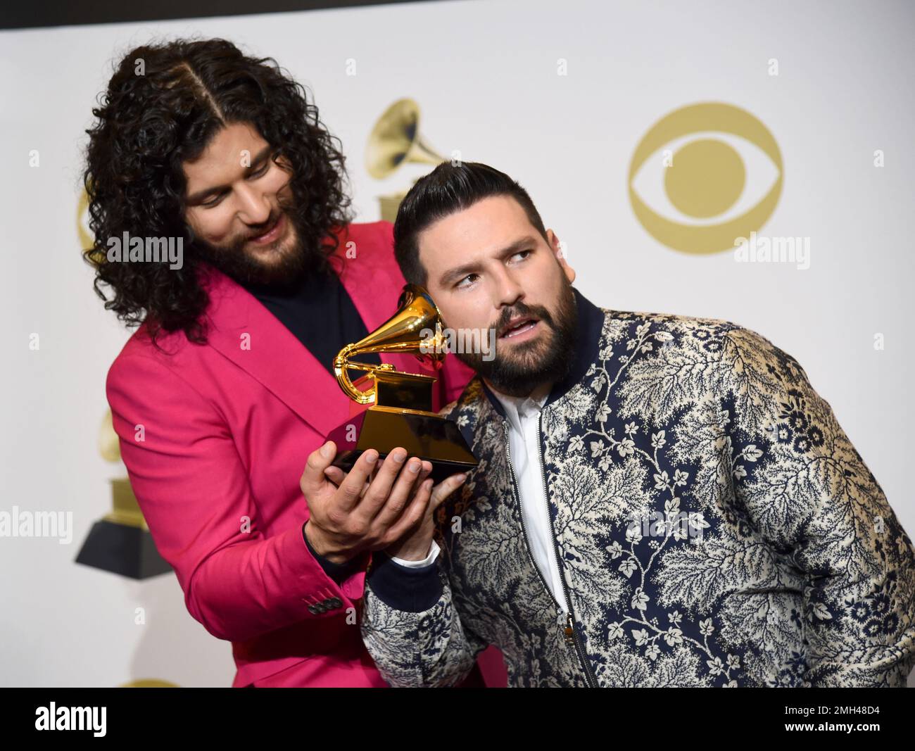 Dan+ Shay pose in the press room with the award for best country duo ...