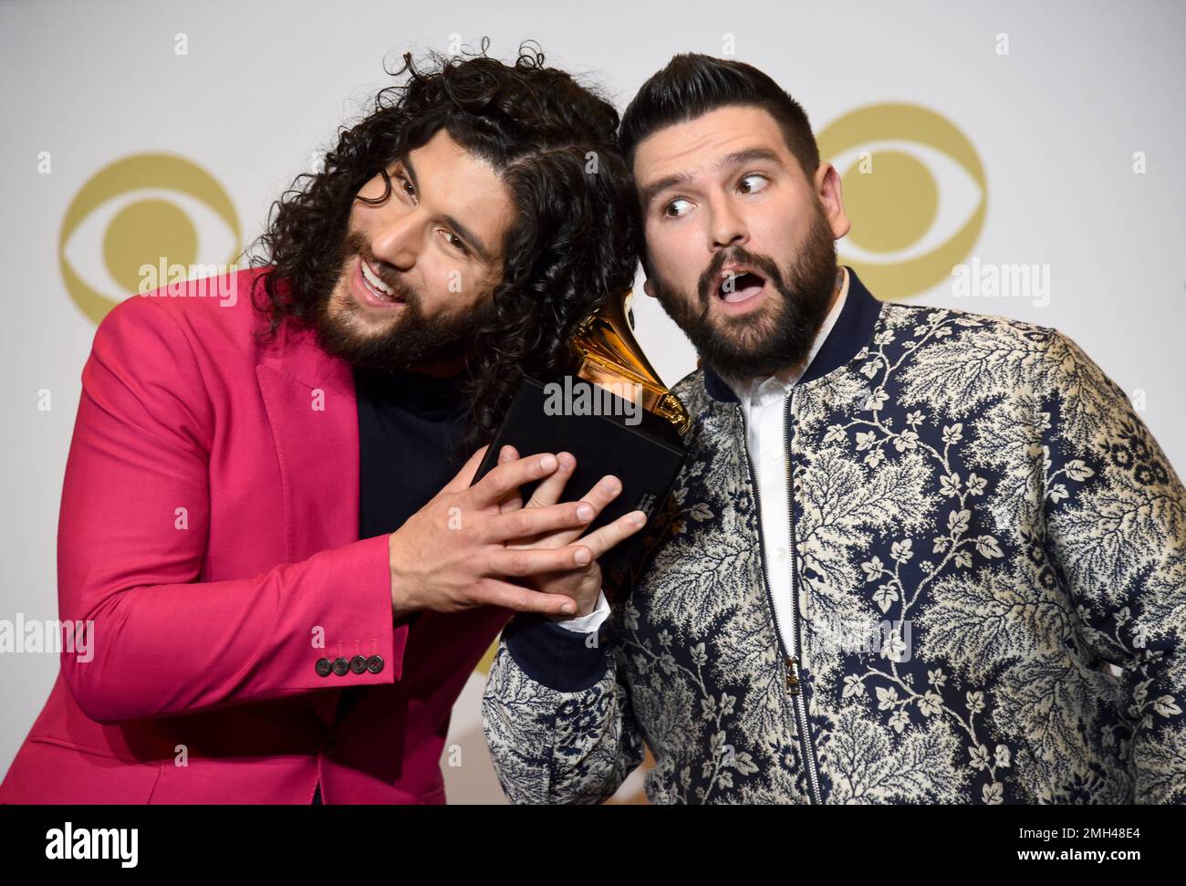 Dan+ Shay pose in the press room with the award for best country duo ...