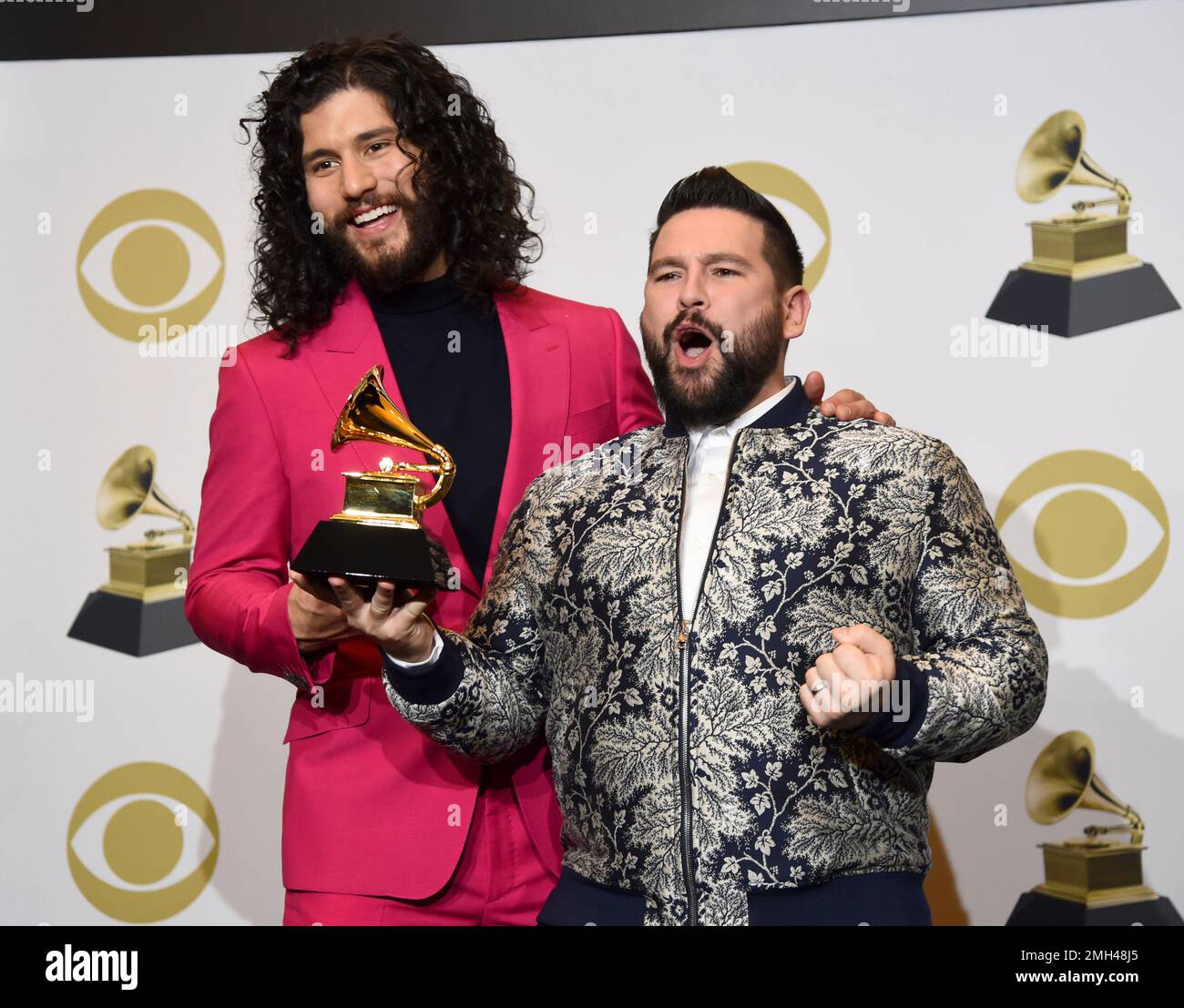 Dan+ Shay pose in the press room with the award for best country duo ...