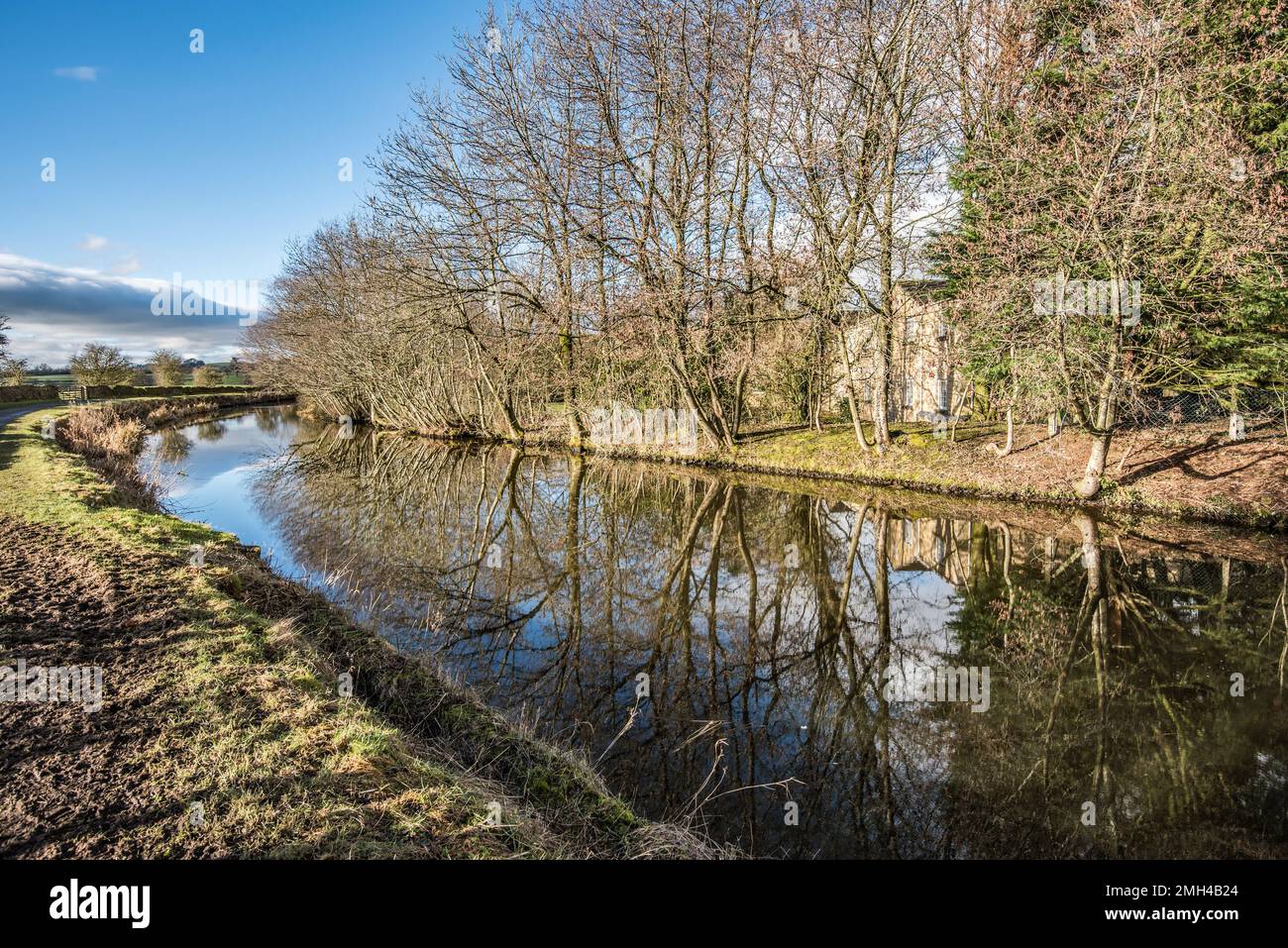 Winter tree reflections on the Leeds & Liverpool canal near Gargrave ...