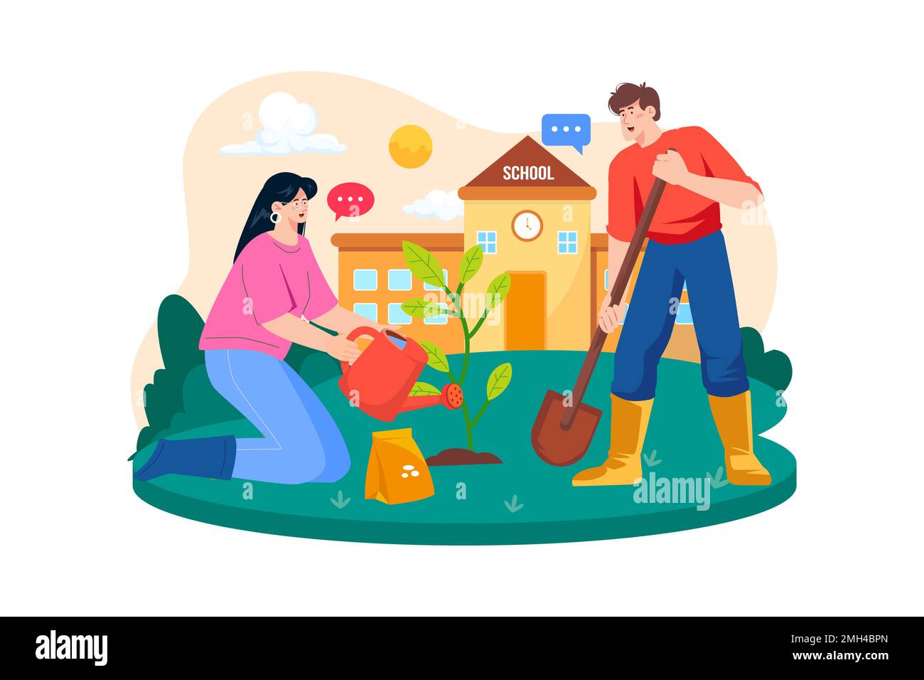 A vector of the couple planting a tree in front of the school Stock ...