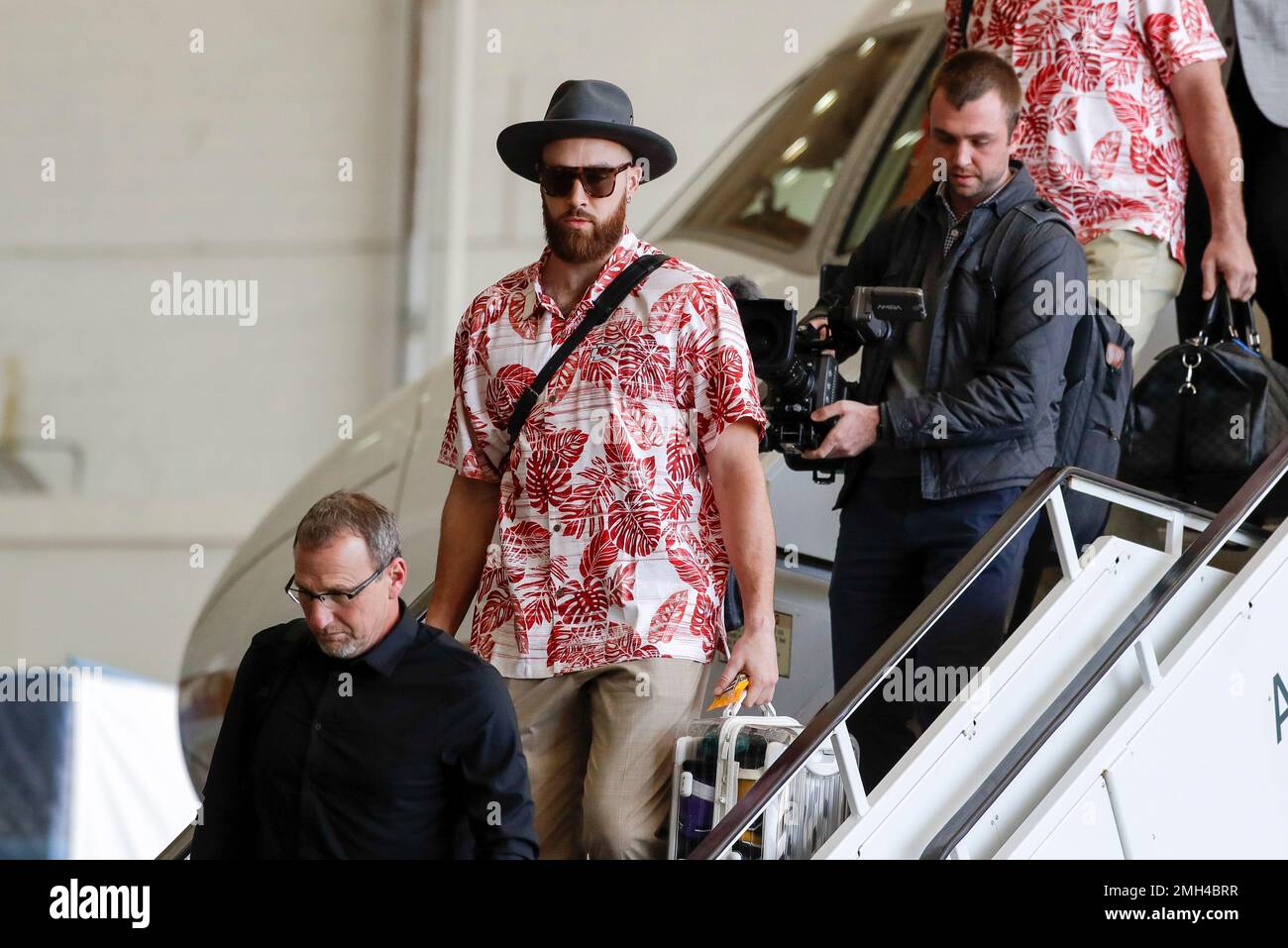 Kansas City Chiefs' Travis Kelce arrives for the NFL Super Bowl 54 ...