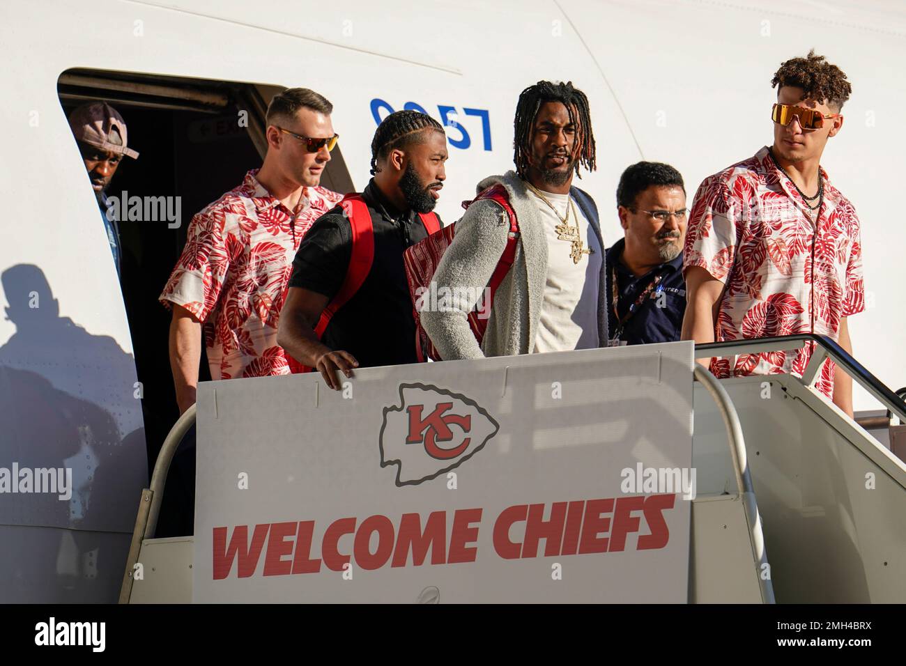 Kansas City Chiefs' Patrick Mahomes arrives for the NFL Super Bowl 54 ...