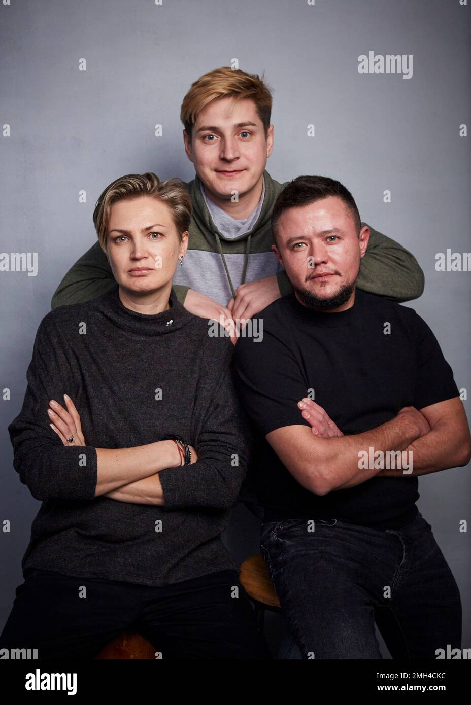 Olga Baranova, from left, Maxim Lapunov, and David Isteev pose for a ...