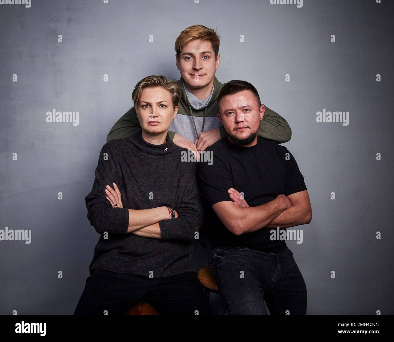Olga Baranova, from left, Maxim Lapunov, and David Isteev pose for a ...