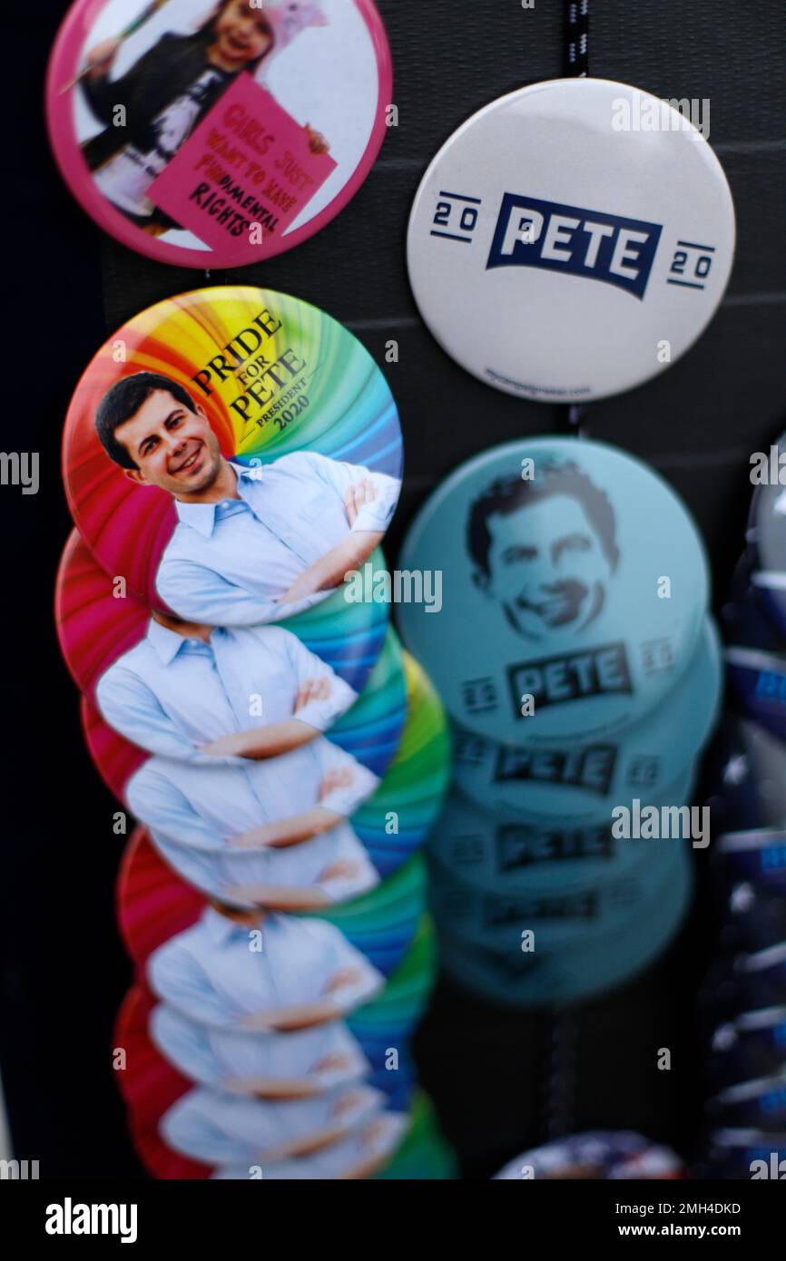 This is a display of campaign buttons on sale outside a visit by ...