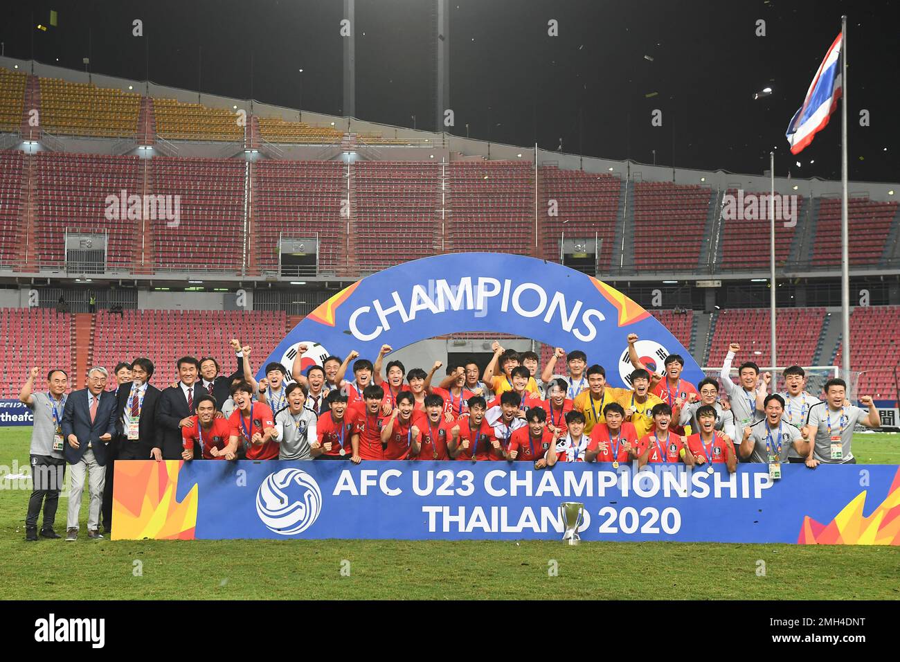 South Korea soccer team celebrate after winner AFC U-23 Championship 2020 final round at ...