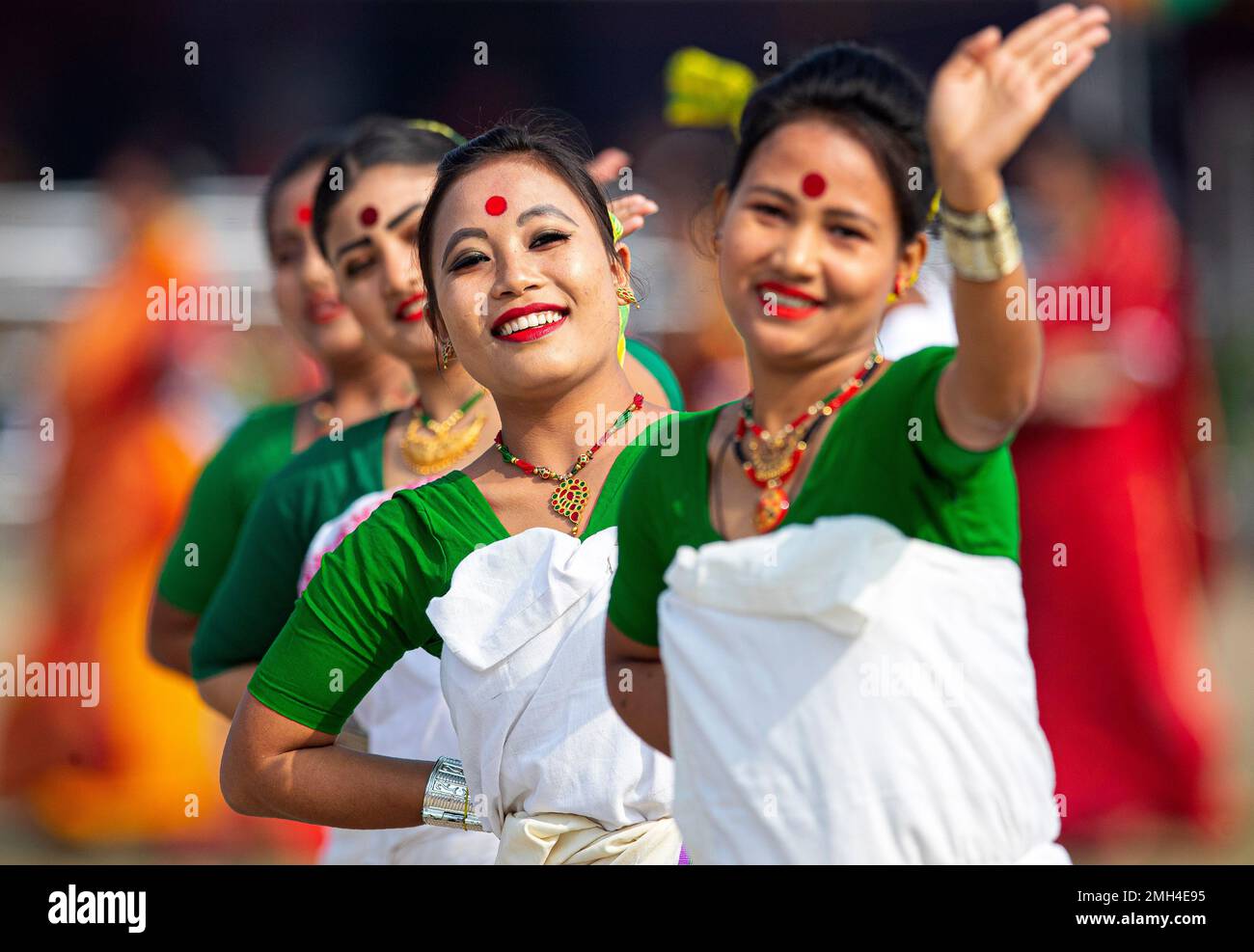 Indian tribal Deuri women in traditional attire perform to mark ...