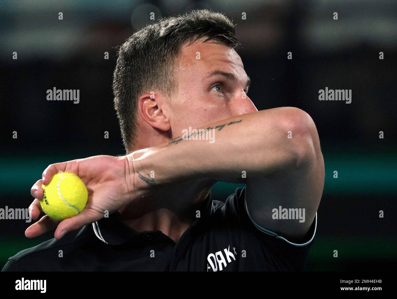 Hungary's Marton Fucsovics watches a video replay on a screen during ...