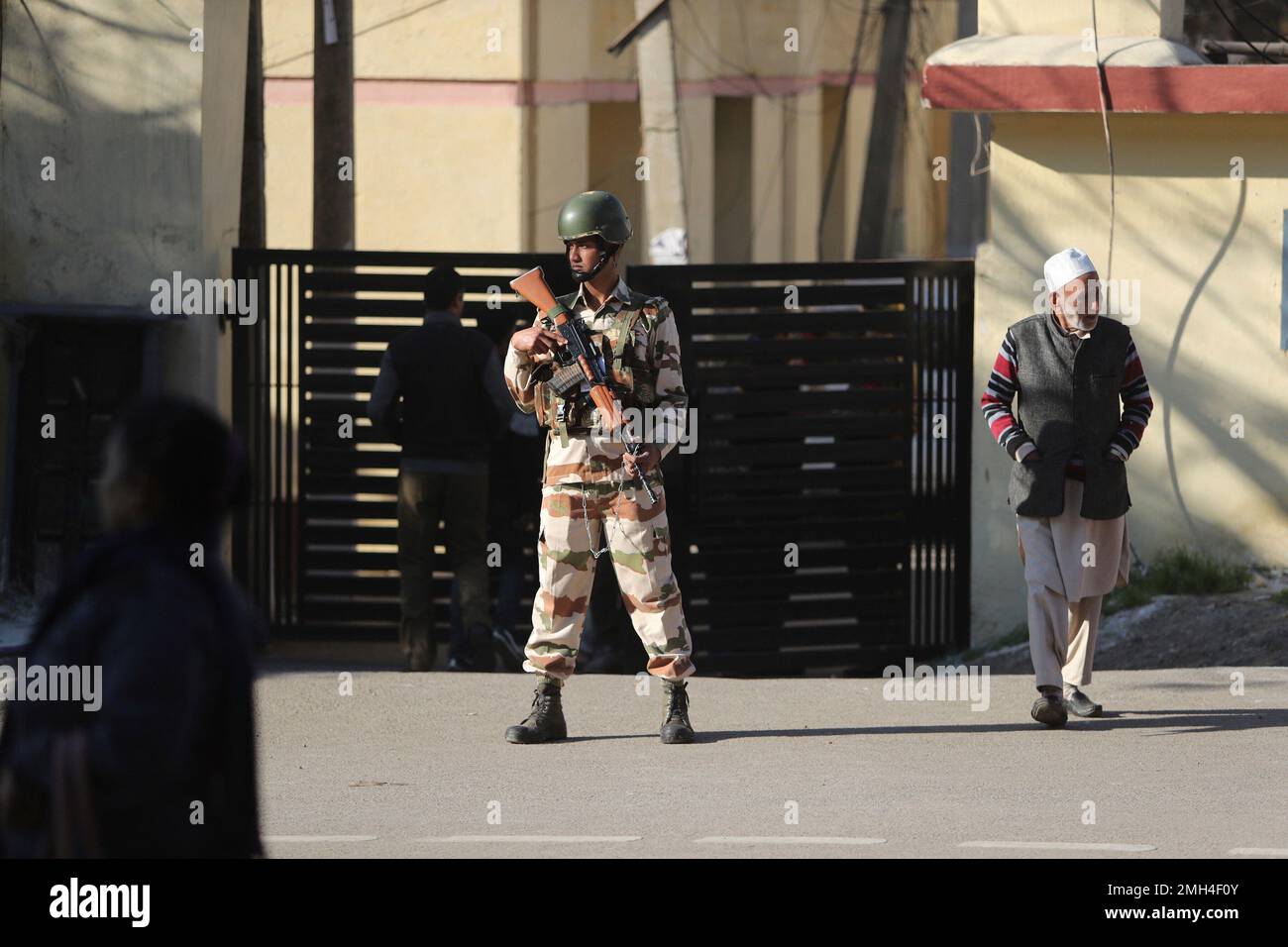 A paramilitary soldier guards outside the Moulana Azad Stadium in Jammu ...