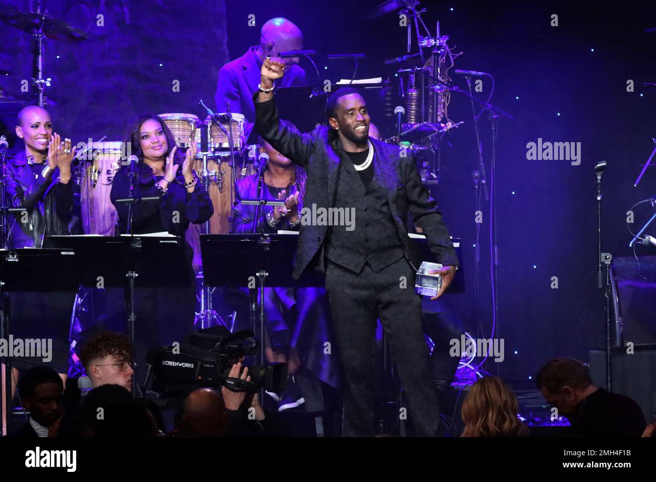 Sean Combs on stage after accepting the 2020 Industry Icon award at the ...