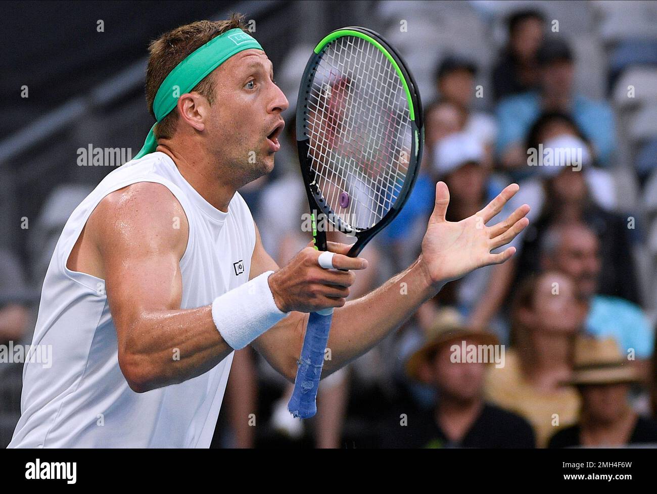 Tennys Sandgren of the U.S. reacts to a line call during his fourth ...
