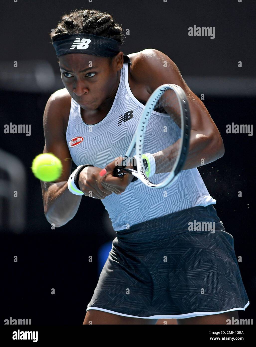Coco Gauff of the U.S. makes a backhand return to compatriot Sofia ...