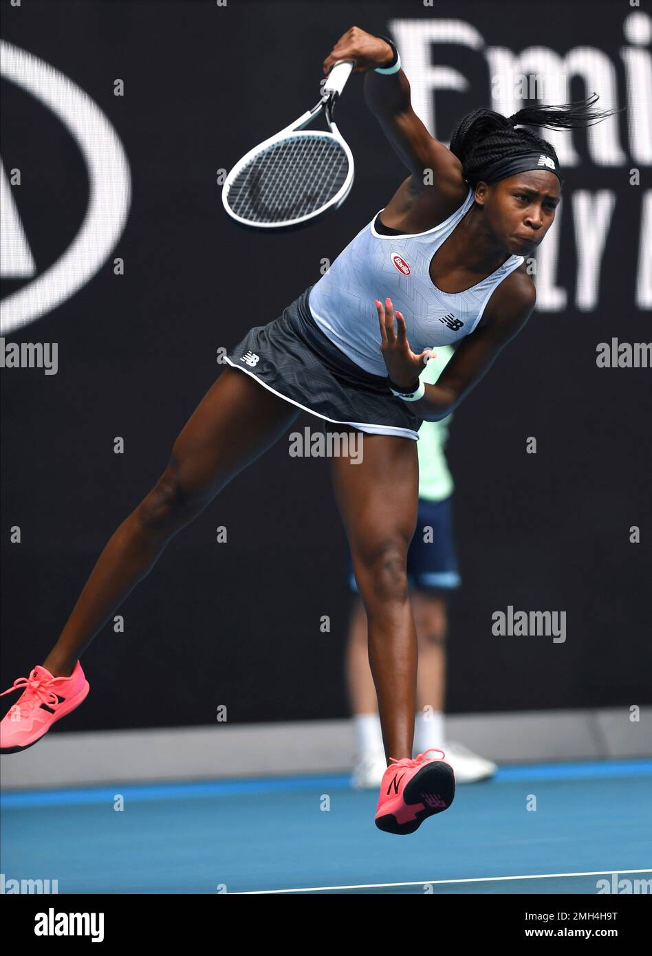Coco Gauff of the U.S. serves to compatriot Sofia Kenin during their ...