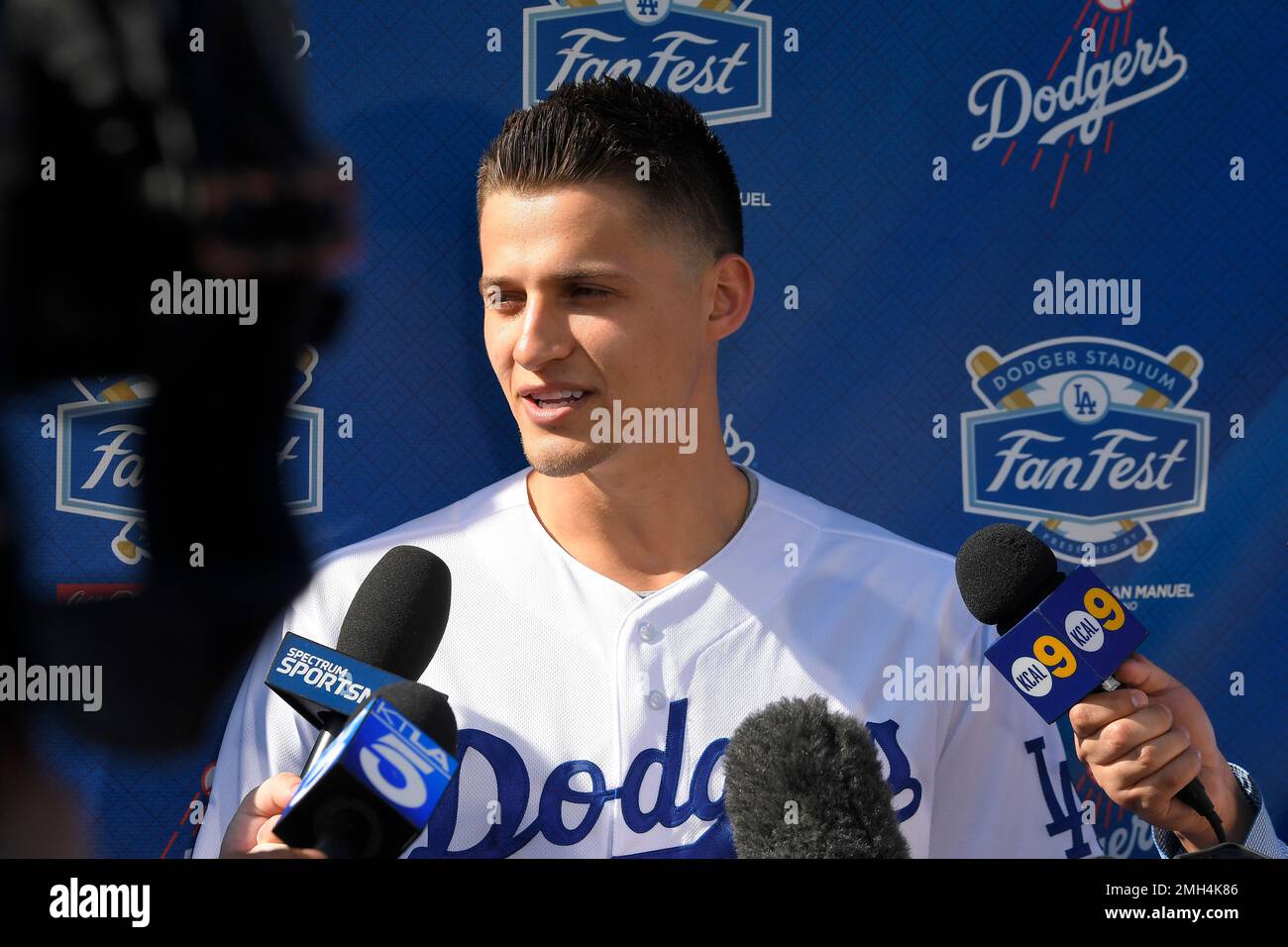 Los Angeles Dodgers' Corey Seager is interviewed by reporters during ...