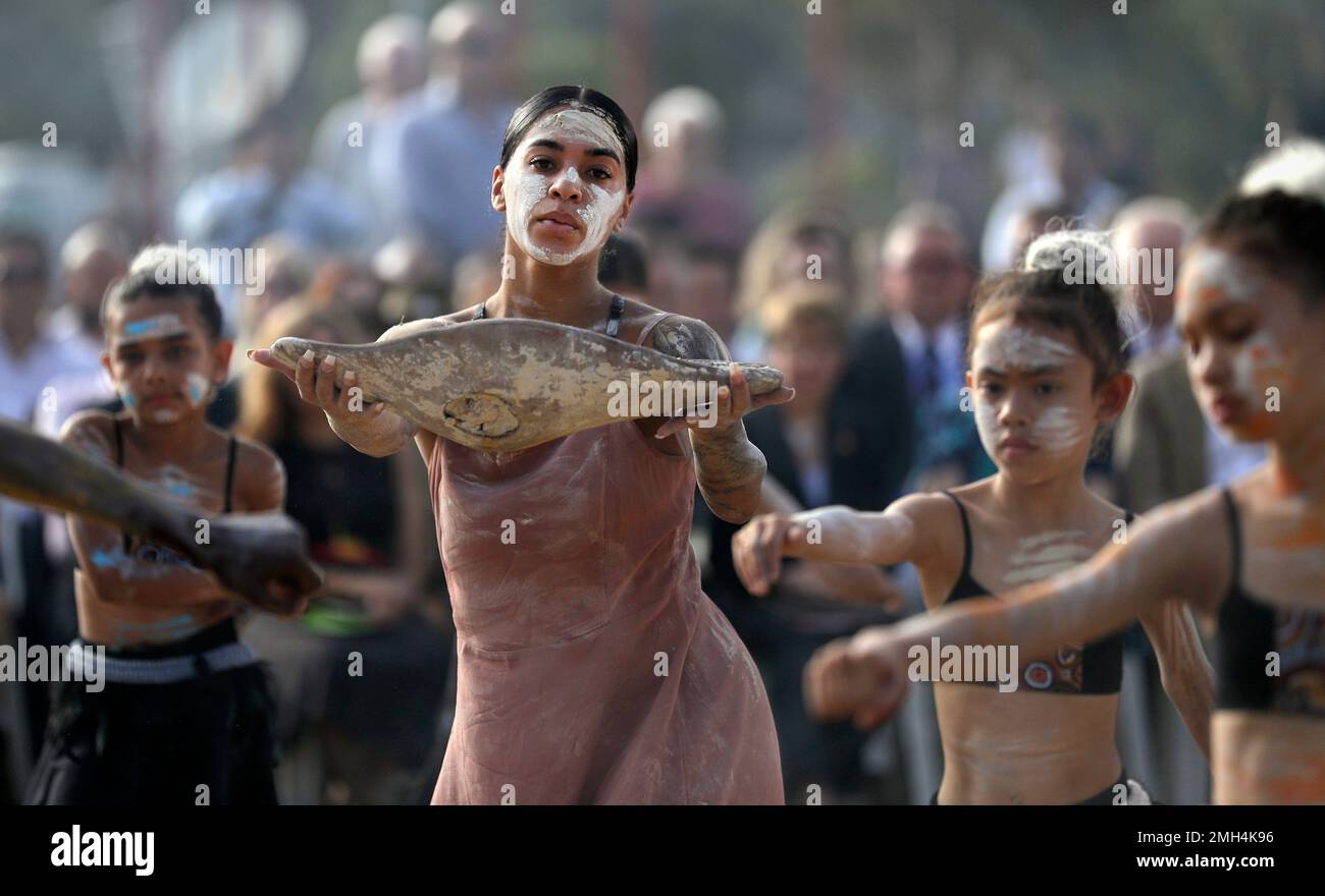An Aboriginal woman Jordan O'Davis performs with the Buja Buja dance ...