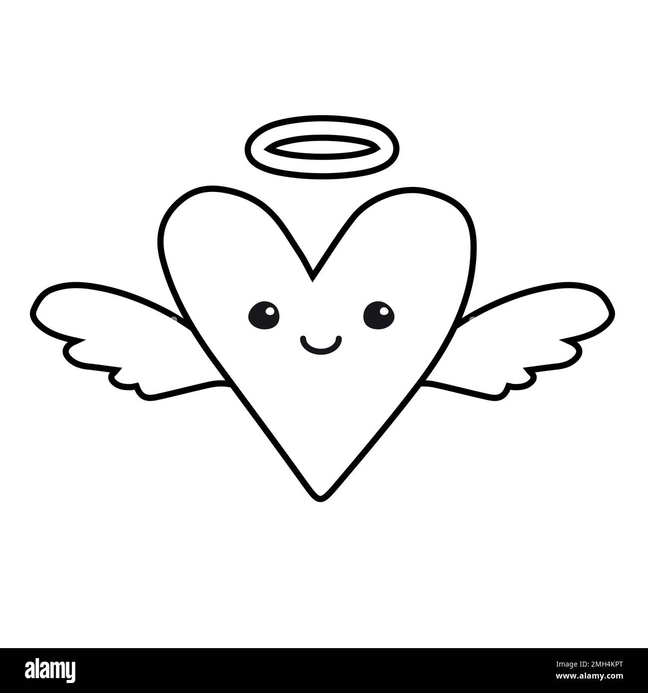 Vector flat hand drawn outline heart with face and angel wings isolated ...