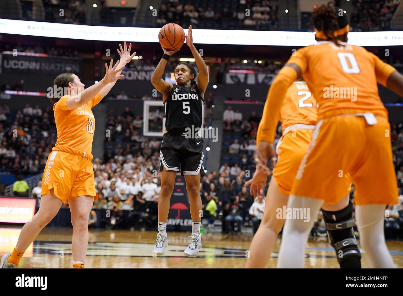 Connecticut's Crystal Dangerfield shoots against Tennessee in the ...