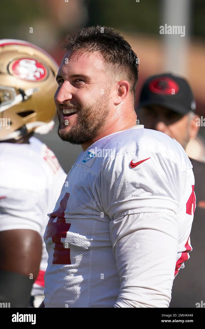San Francisco 49ers offensive tackle Joe Staley smiles during practice ...