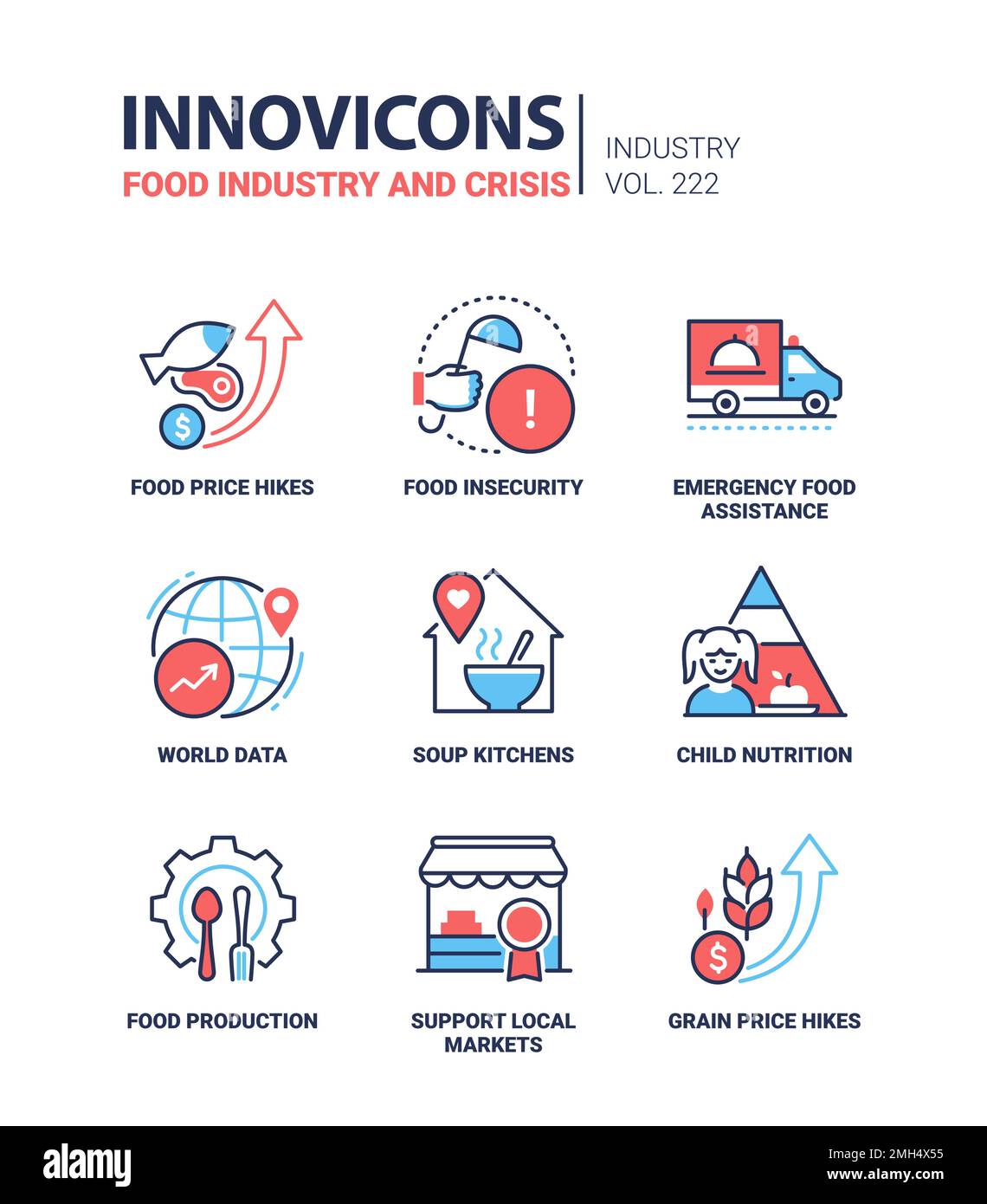 Food insecurity and production - line design style icons set Stock ...