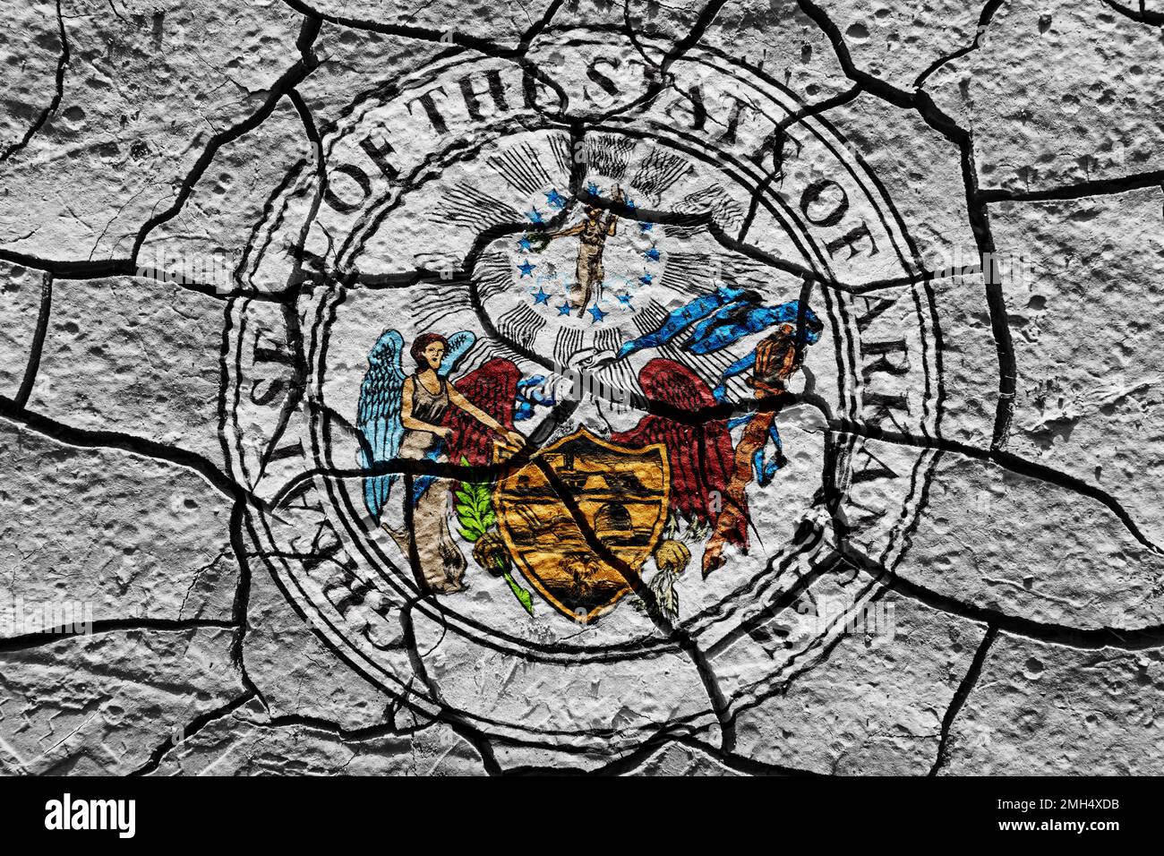 Arkansas state Seal flag of United States on a mud texture of dry crack ...