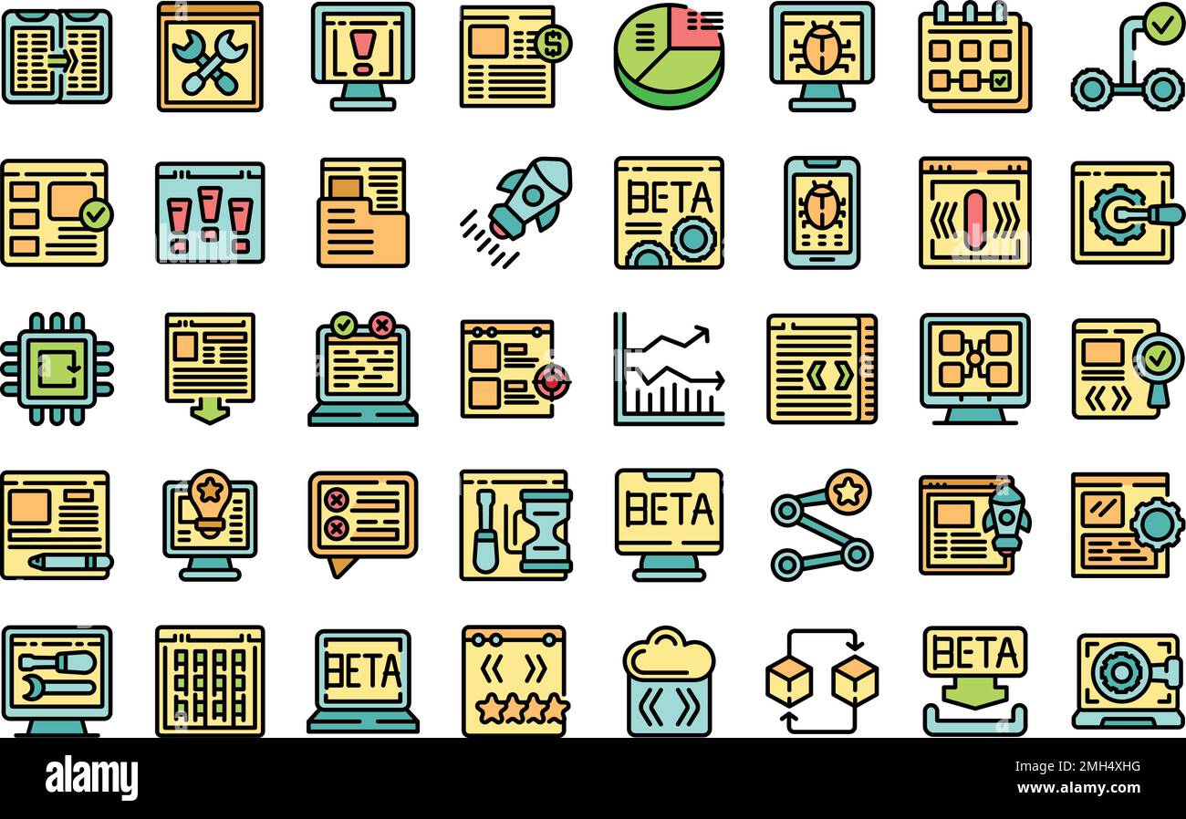 Beta Version Icons Set Outline Vector Build Bug Code App Color Line Flat Isolated On White